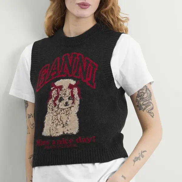 Ganni Graphic Wool Vest - Black Sand | Editorialist